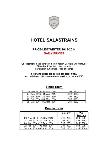hotel salastrains price-list winter 2013-2014 daily prices