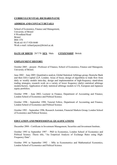 CURRICULUM VITAE: RICHARD PAYNE ADDRESS AND ...