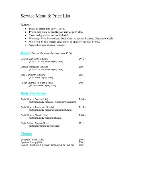 Service Menu & Price List - Yu Spa