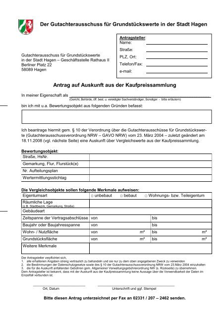 Antrag auf Auskunft aus der Kaufpreissammlung