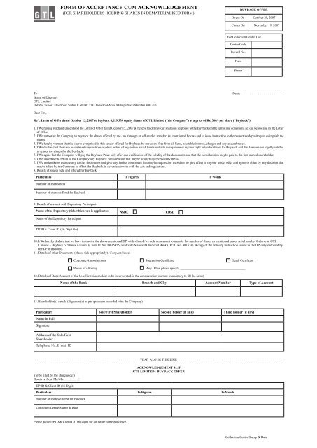 FORM OF ACCEPTANCE CUM ACKNOWLEDGEMENT