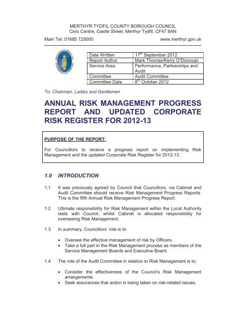 Annual Risk Management Progress Report and Updated Corporate ...