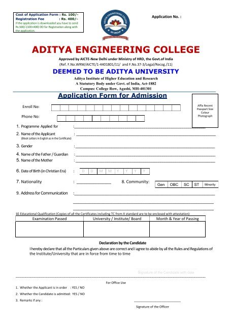 Application Form for Admission - Aditya Engineering College