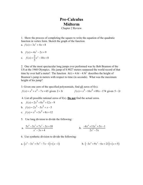 Pre-Calculus Midterm - Teacher