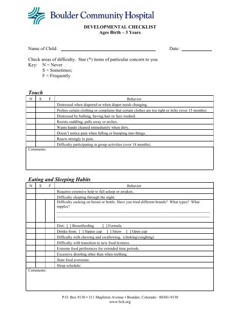 DEVELOPMENTAL CHECKLIST