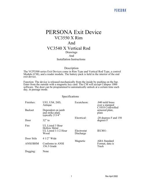 VingCard 3500 Series Exit Device Installation Guide - PERSONA ...