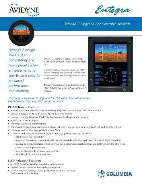 Entegra Release 7.0 Sell Sheet for Columbia Aircraft - Avidyne