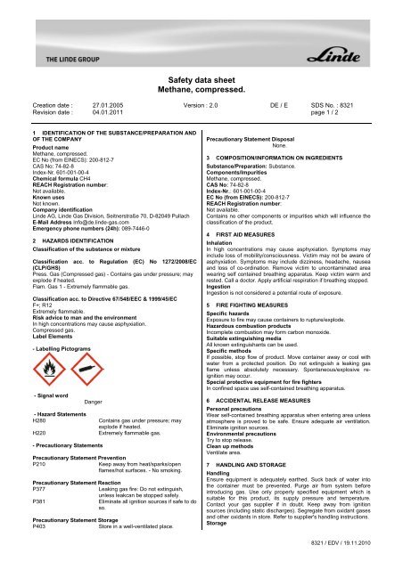Safety data sheet Methane, compressed. - Linde Gas