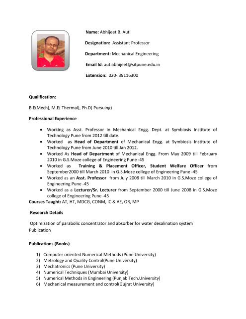 Name: Mr. Abhijeet Auti Designation: Assistant Professor ... - SIT