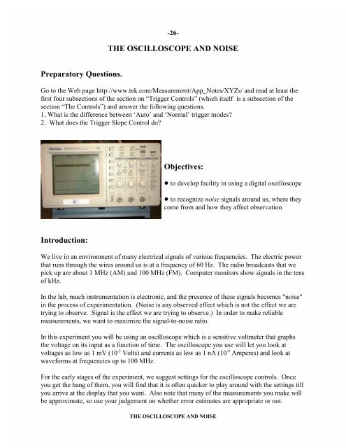THE OSCILLOSCOPE AND NOISE Preparatory Questions ...