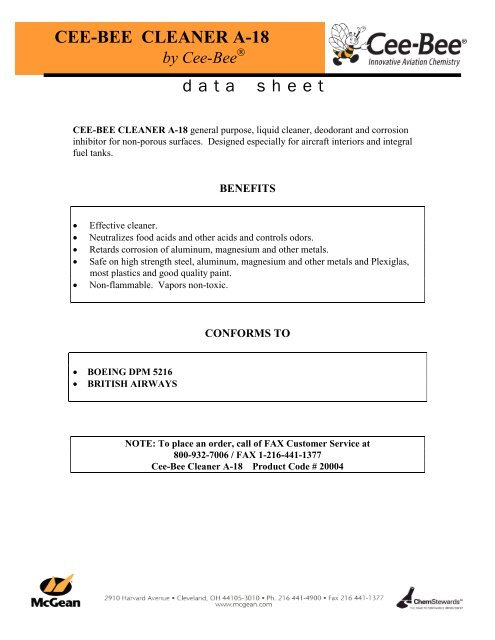Data Sheet - CEE-BEE CLEANER A-18 - McGean