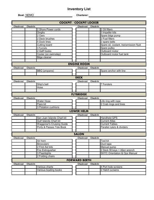 Inventory List - Ship Harbor Yacht Charters