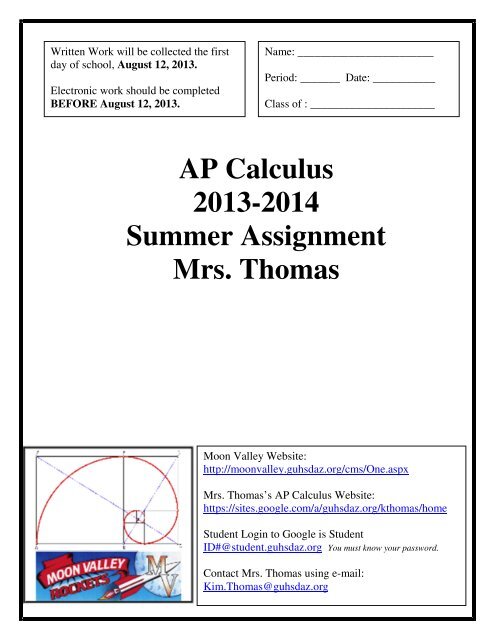 AP Calculus Assignment - Moon Valley High School