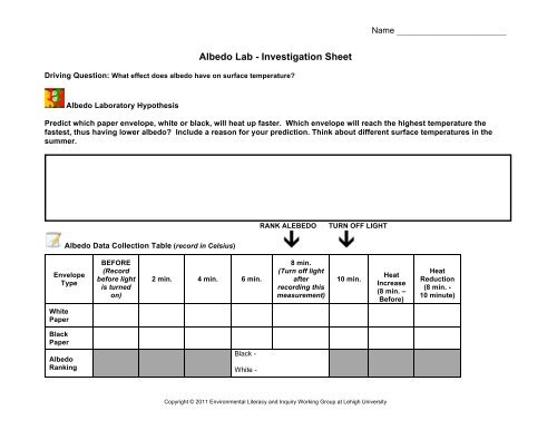 Albedo Lab - Investigation Sheet - EI - Lehigh University