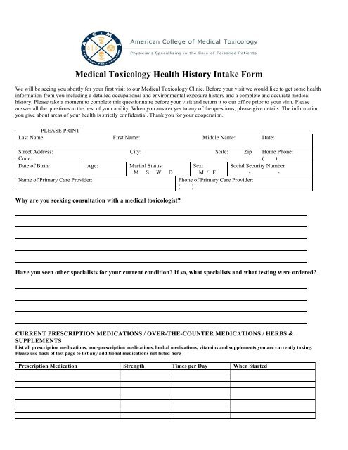 Medical Toxicology Health History Intake Form - American College ...