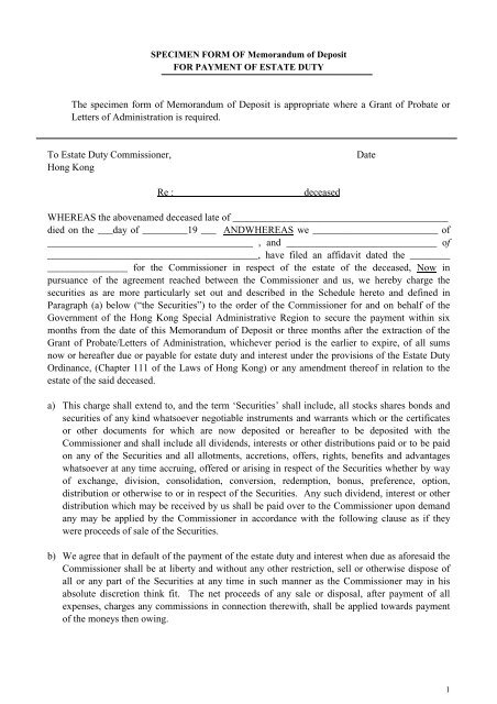Specimen form of Memorandum of Deposit
