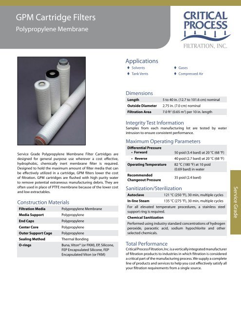 GPM Cartridge Filters - Critical Process Filtration