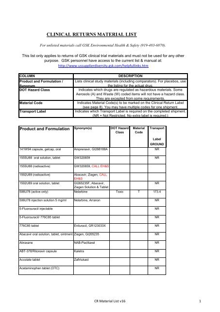 CLINICAL RETURNS MATERIAL LIST - US Supplier Diversity Home