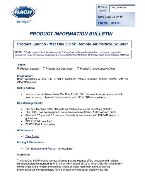 PRODUCT INFORMATION BULLETIN - Particle Counters