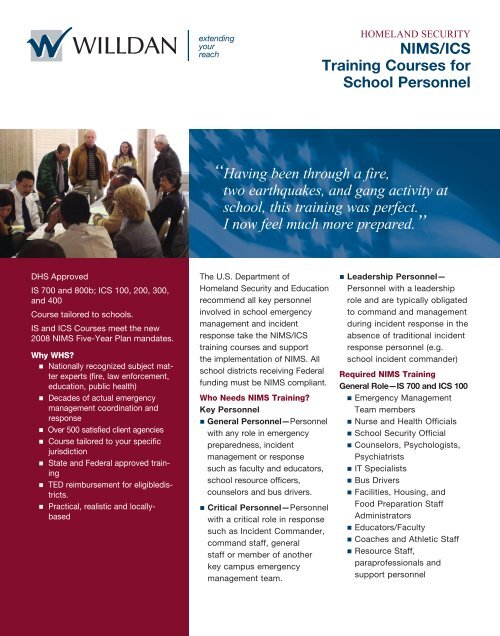 NIMS/ICS Training for School Personnel - Willdan