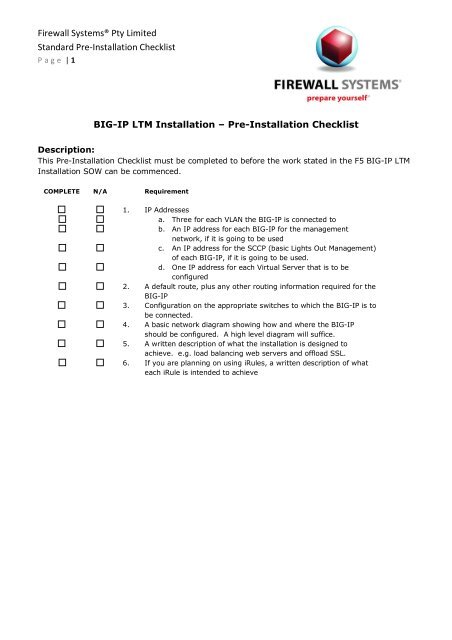 Pre-Installation Checklist - Firewall Systems