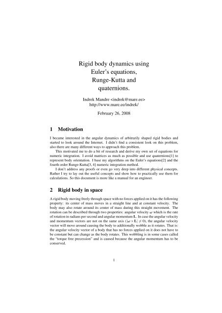 Rigid body dynamics using Euler's equations, Runge-Kutta and ...