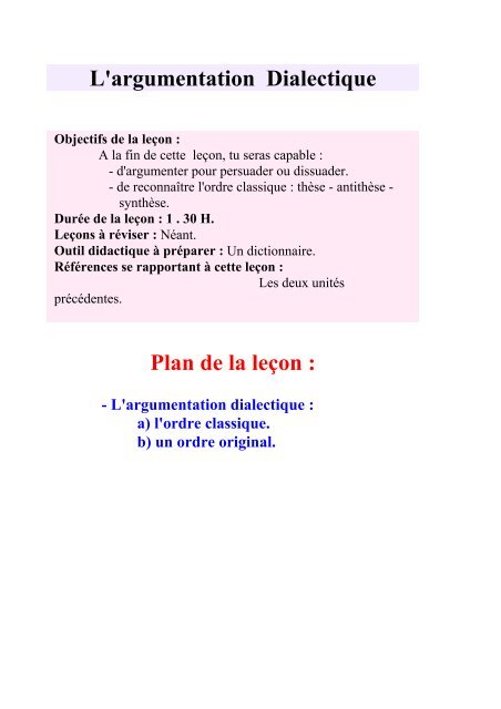 L'argumentation Dialectique Plan de la leçon