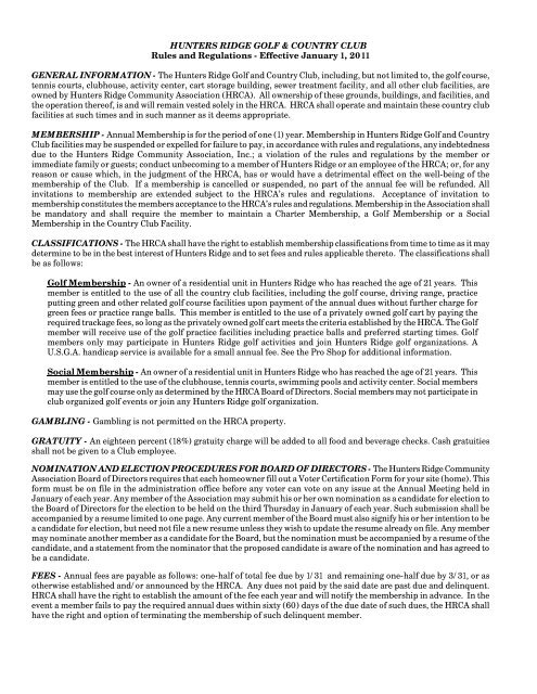 HUNTERS RIDGE GOLF & COUNTRY CLUB Rules and Regulations