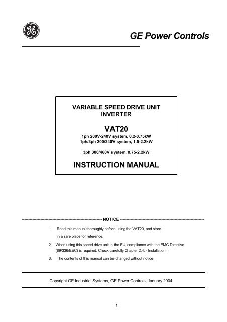 GE Power Controls VARIABLE SPEED DRIVE UNIT INVERTER ...