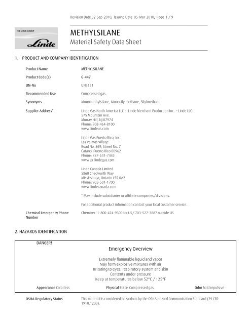METHYLSILANE - (MSDS) - Linde Gases