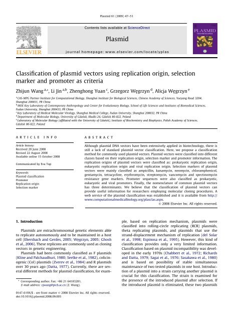 Classification of plasmid vectors using replication origin, selection ...