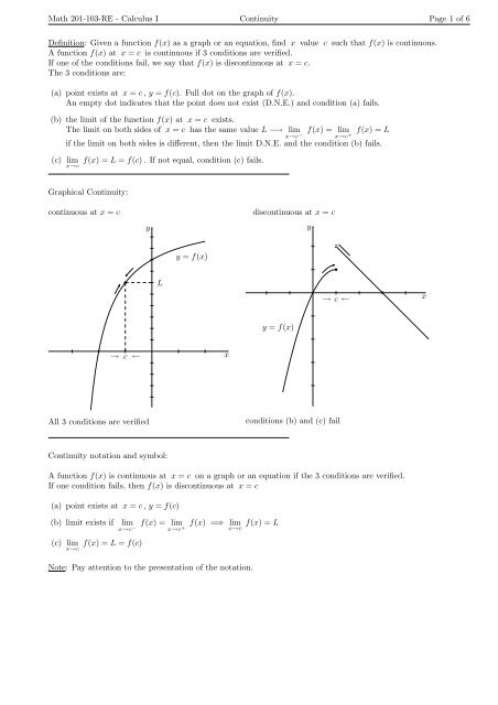 Math 201 103 Re Calculus I Continuity Page 1 Of 6 Definition