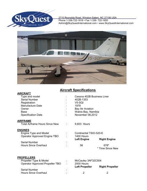 Aircraft Specifications - SkyQuest International, LLC