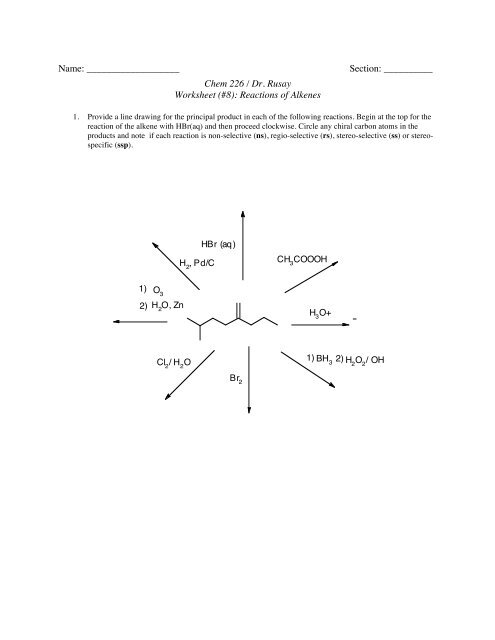 Reactions of Alkenes Worksheet - ChemConnections