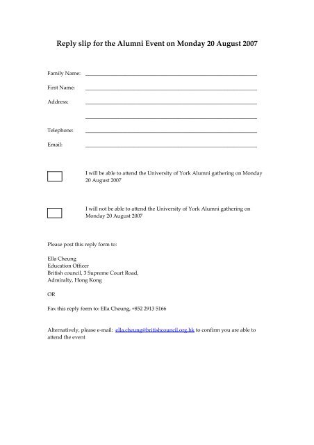 Reply slip for the Alumni Event on Monday 20 ... - Education UK
