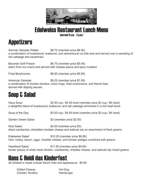 Edelweiss Restaurant Lunch Menu - German-American Klub