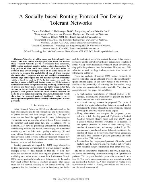 A Socially Based Routing Protocol For Delay Tolerant Networks