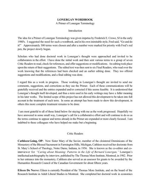 LONERGAN WORDBOOK A Primer of Lonergan Terminology ...