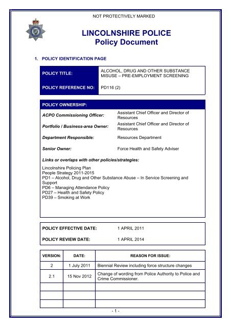 GUIDANCE FOR LINCOLNSHIRE POLICE POLICY TEMPLATE