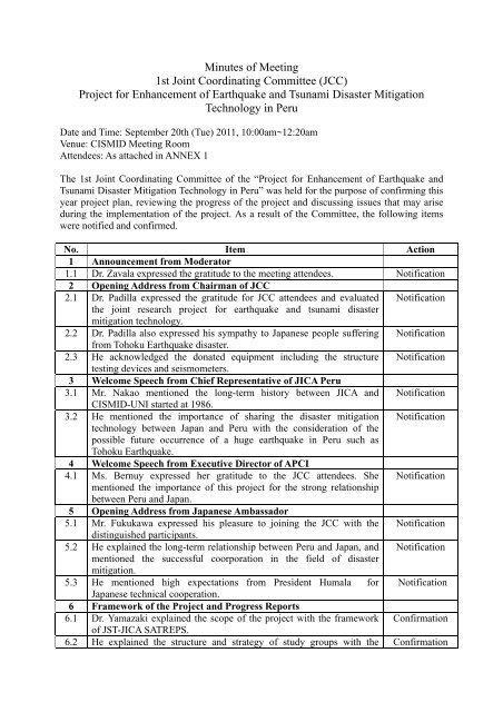 Minutes of Meeting 1st Joint Coordinating Committee (JCC) Project ...