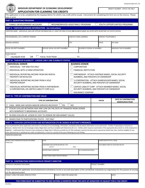 Application for Claiming Tax Credits - Missouri Department of ...
