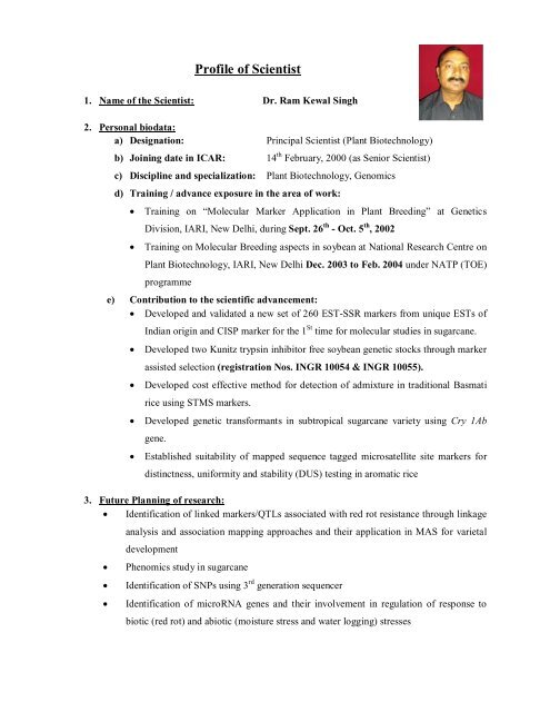 Profile of Scientist - Indian Institute of Sugarcane Research