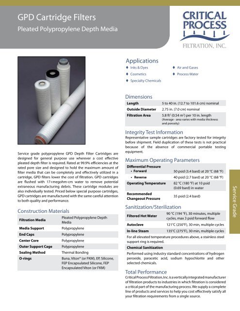 GPD Cartridge Filters - Critical Process Filtration