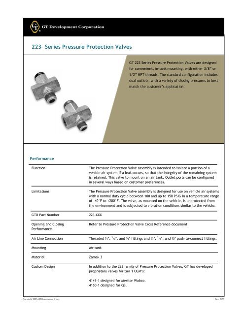 223-Series Pressure Protection Valve - GT Development Corporation