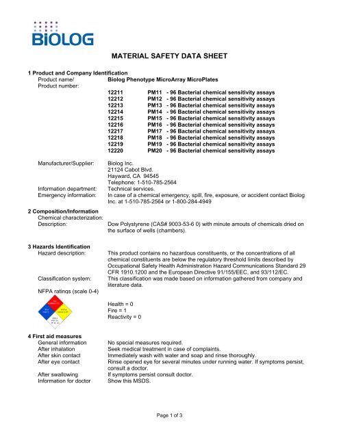 MATERIAL SAFETY DATA SHEET - Biolog Inc.