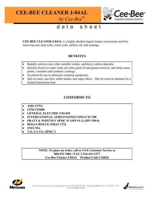 d a t a s h e e t CEE-BEE CLEANER J-84AL - McGean