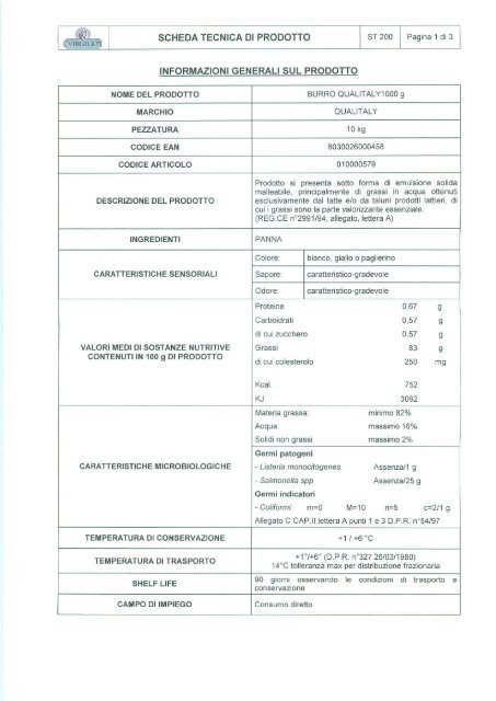 SCHEDA TECNICA DI PRODOTTO - Siqurcatering.it