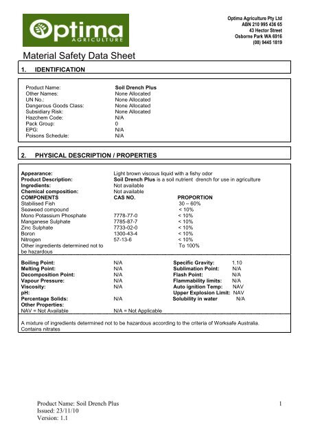 Soil Drench Plus MSDS - Optima Agriculture