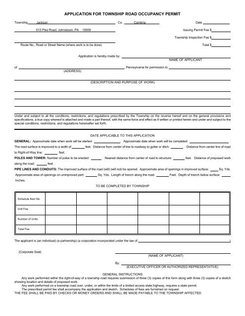 Application for Road Occupancy Permit - Jackson Township