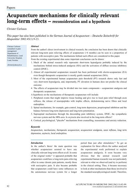 Acupuncture mechanisms for clinically relevant long-term effects